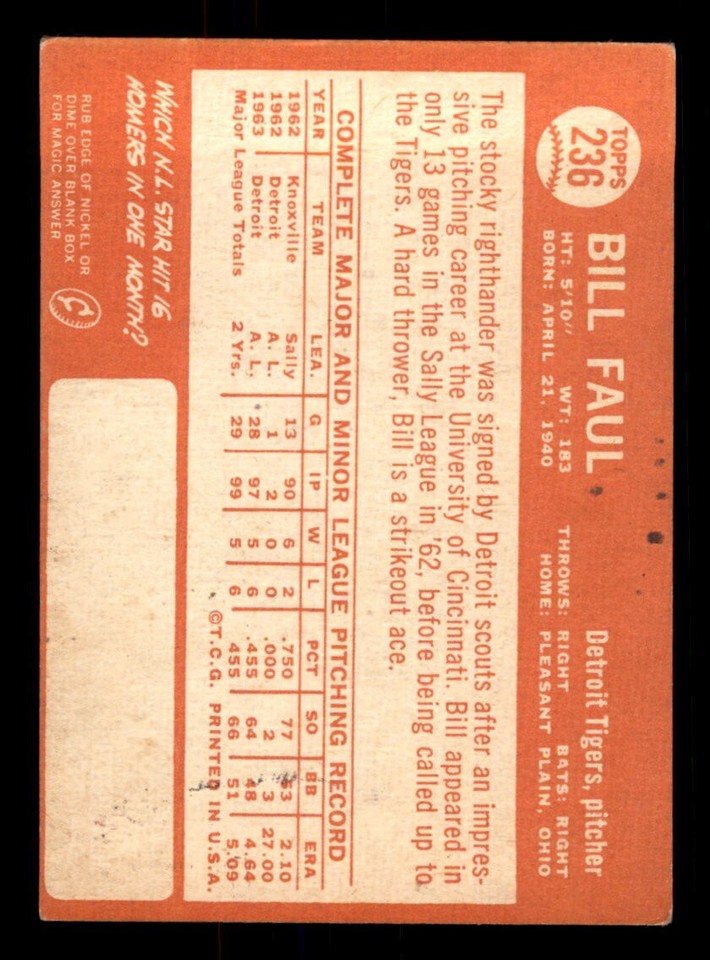 1964 Topps Baseball #236 Bill Faul GD *e2 | eBay
