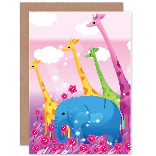 Giraffes Elephant Cartoon Kids Blank Greeting Card With Envelope | eBay ...
