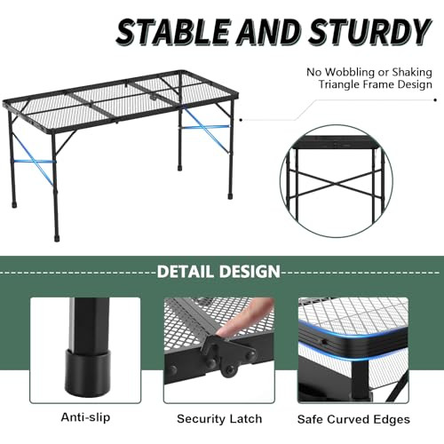 Folding Gril Table, 4x2 FT Camping Table with Mesh Desktop,Height ...
