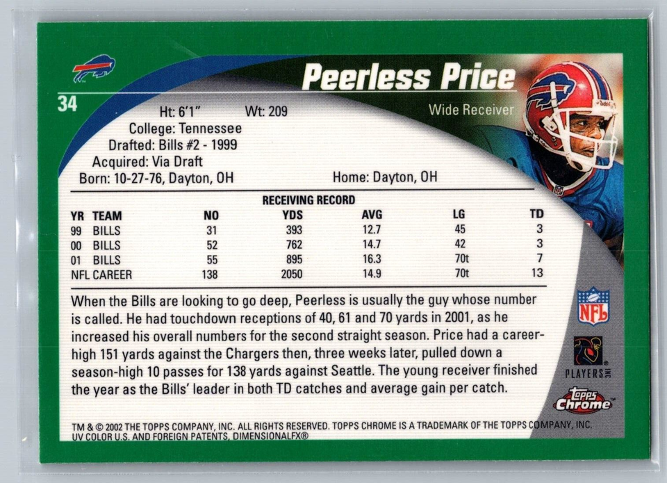 2002 TOPPS CHROME CARD # 34 Peerless Price - Buffalo Bills | eBay