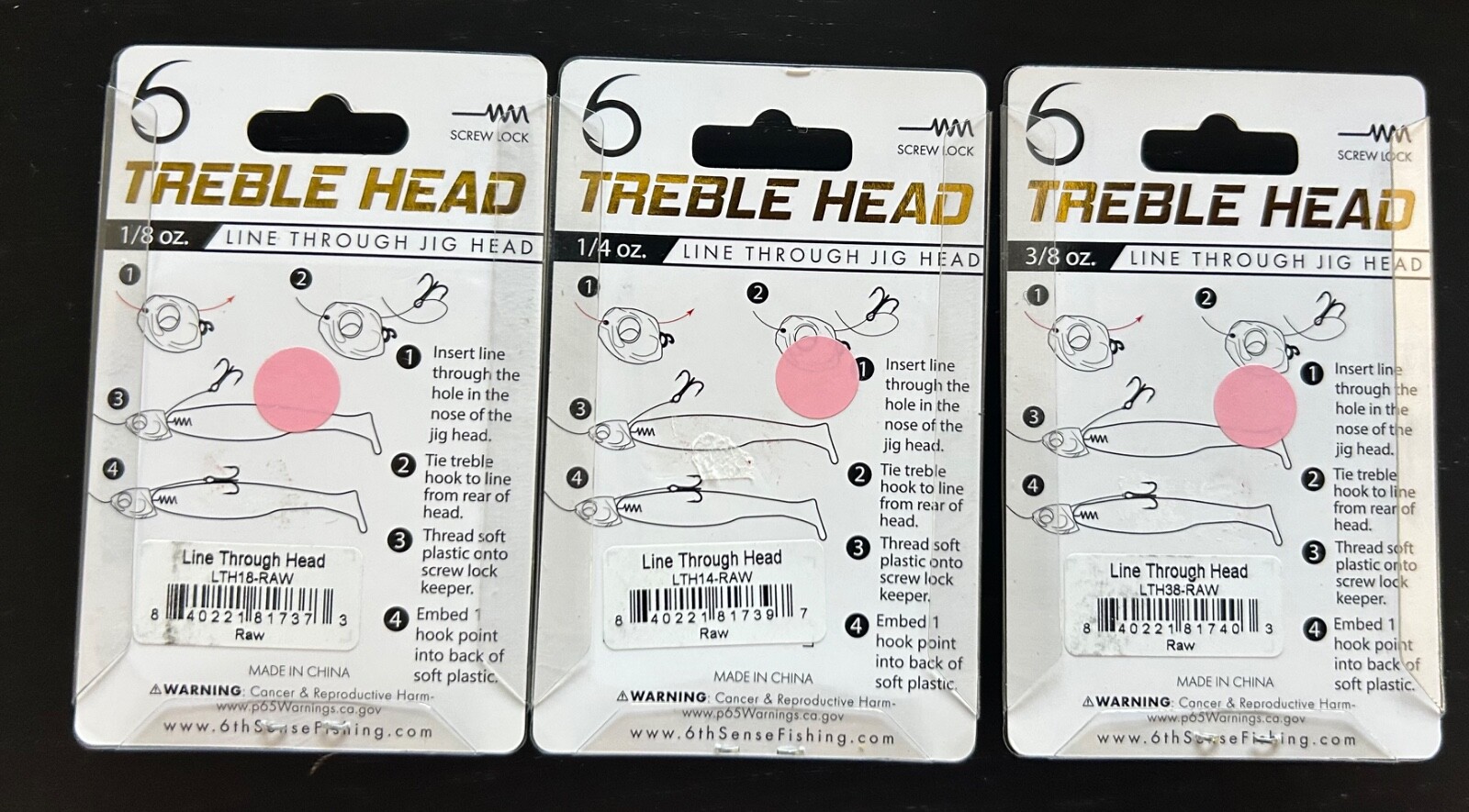 LOT OF 3 6TH SENSE ' TREBLE HEAD JIG HEAD ' 1/8 1/4 3/8 OZ LINE THROUGH ...