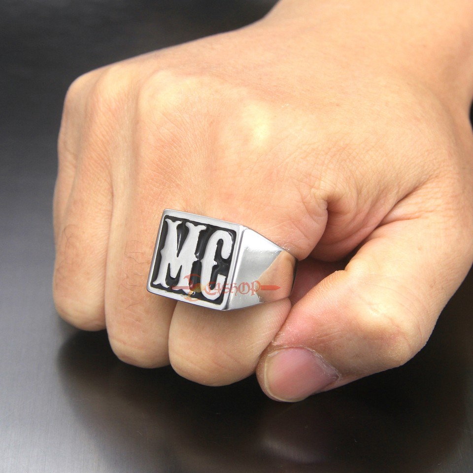 316L Stainless Steel Inital MC Ring Silver MotorCycle Men's Biker Band ...