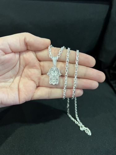 925 Sterling Silver Women Men Small Hamsa Hand Talisman Oval Forz Chain ...