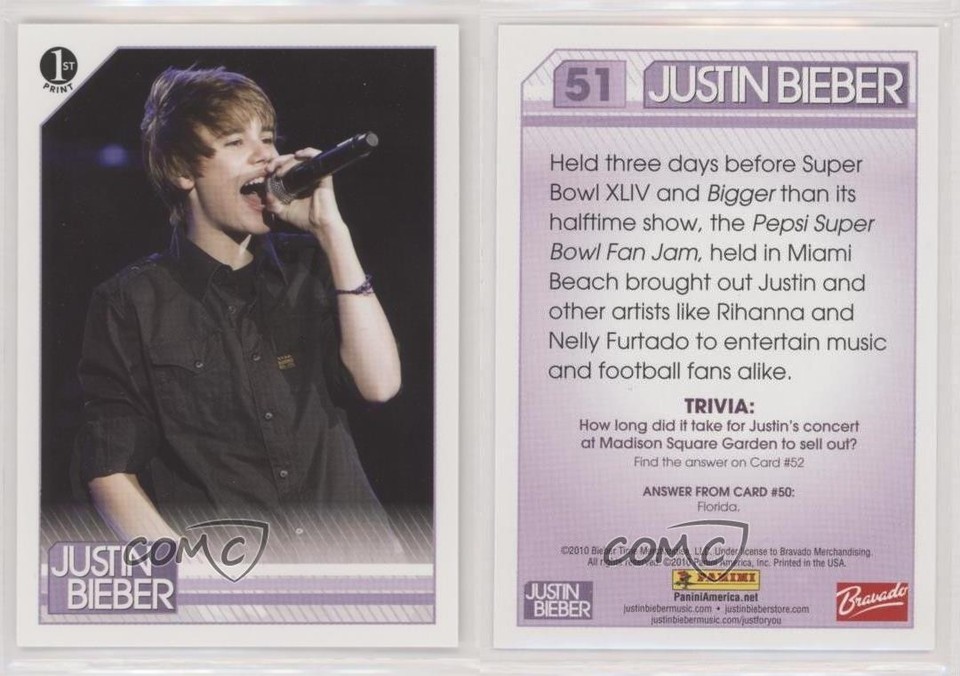 2010 Panini Justin Bieber 1st Print Justin Bieber #51 6ns | eBay
