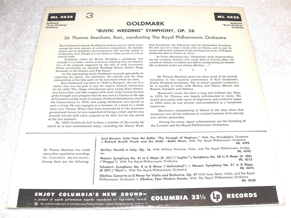 Beecham/Royal Philhar "Karl Goldmark: Rustic Wedding" 1953 LP, Nice EX ...