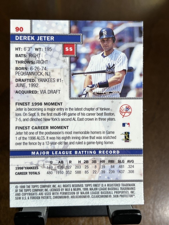 1999 Topps Finest Derek Jeter #90 New York Yankees With Protective ...