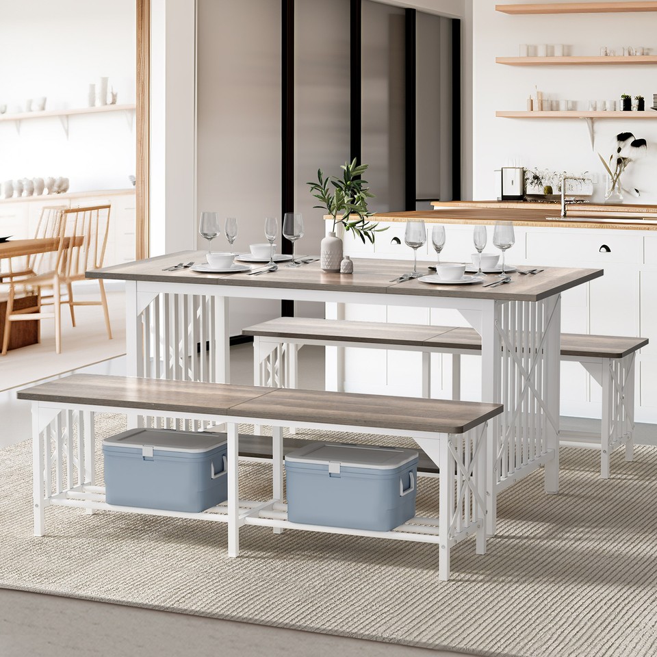 63" 3-Piece Dining Table Set for 4-6 Kitchen Table Set with 2 Dining Benches 197839980242| eBay