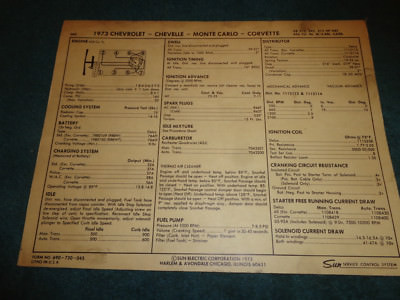 1973 CHEVROLET FULL-SIZE CHEVELLE CORVETTE+ 454 V-8 ENGINE SUN TUNE-UP ...