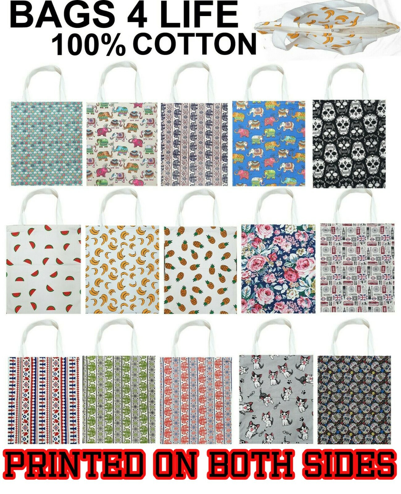 Canvas Bag 4 Life Long Handle Zip Tote Bags/Banana/Elephants/Skull ...