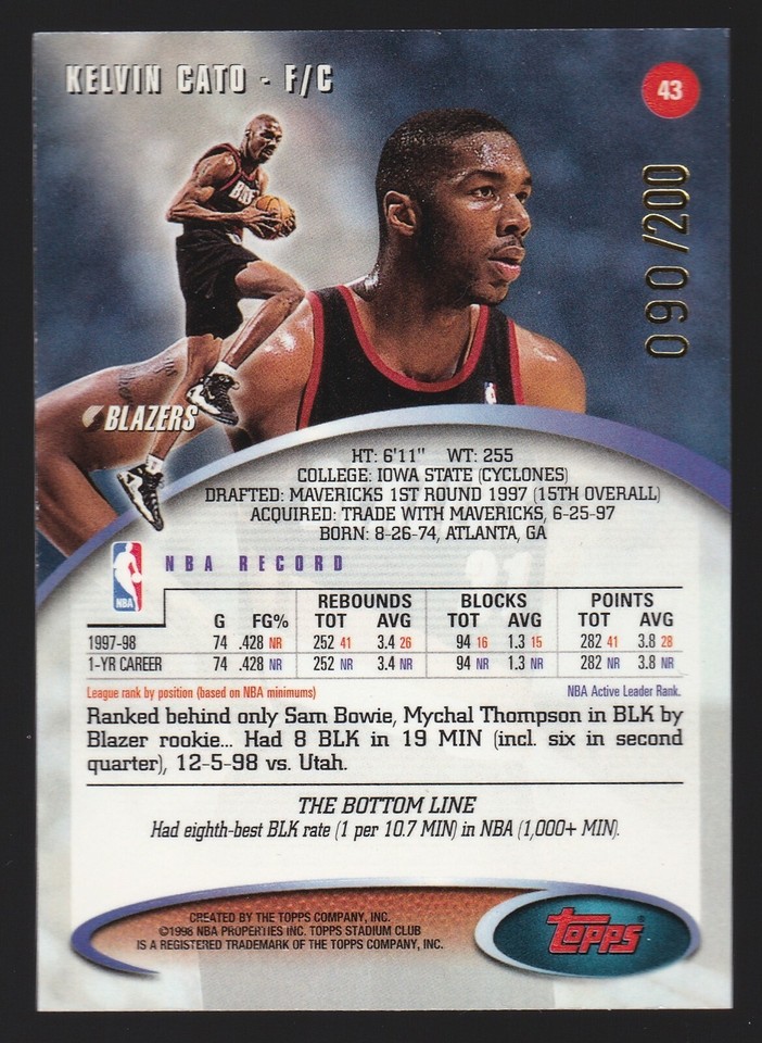 1998-99 Topps Stadium Club First Day Issue #43 Kelvin Cato #d 090/200 ...