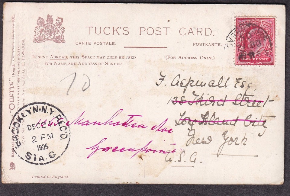 Great Britain 1905 Christmas Greeting post card Fairview to Long Island ...