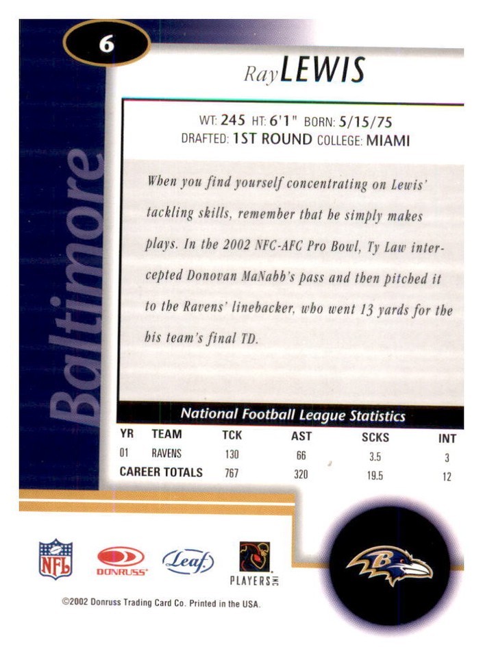 2002 Certified Ray Lewis NFL Base Card PWE Set Break Foil Ravens #6 | eBay