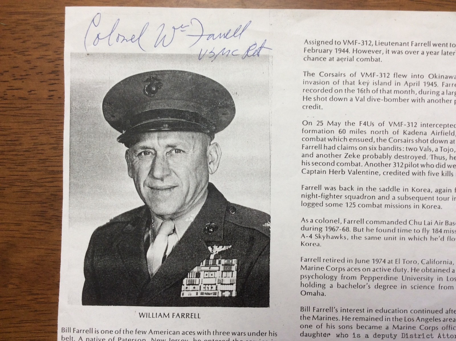 WWII Korea ACE Colonel WILLIAM FARRELL SIGNED USMC Marine Corps VMF-312 ...