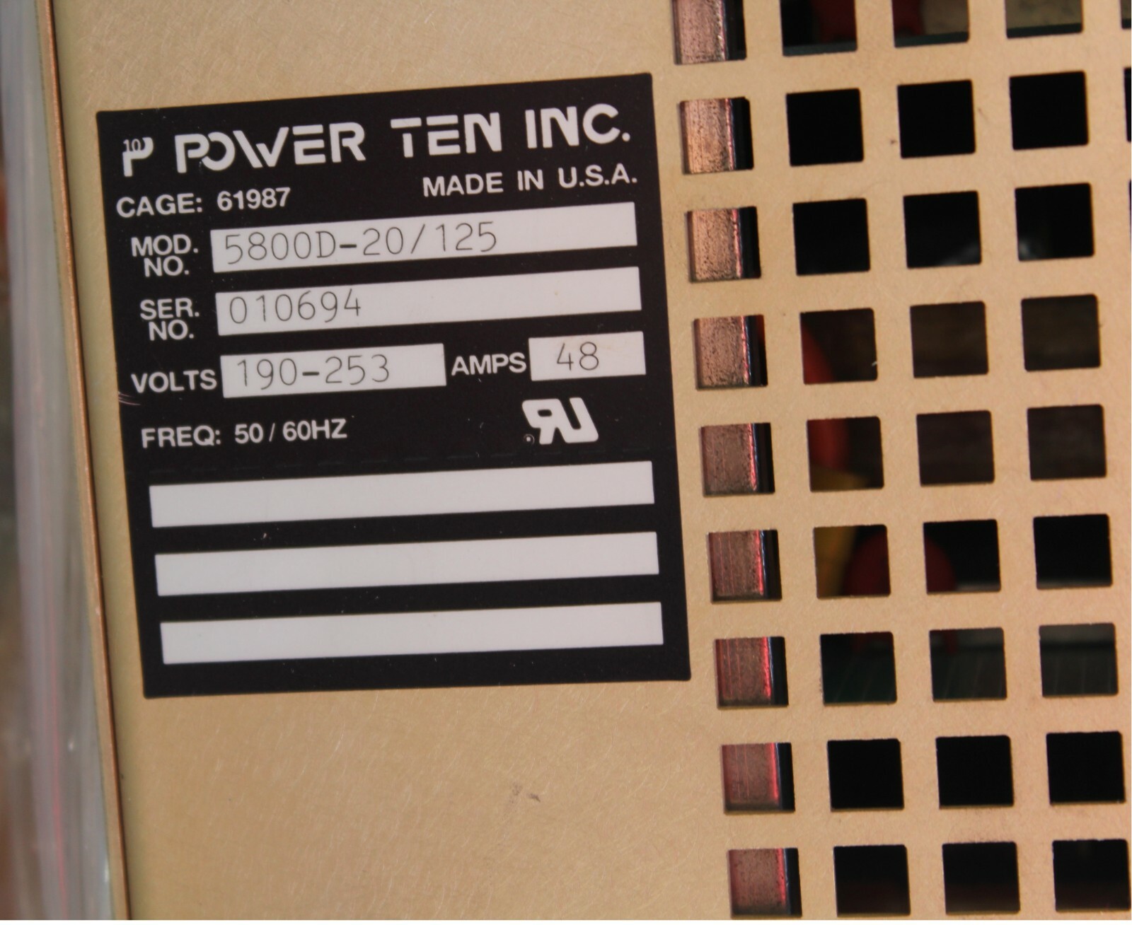 Power Ten Inc. Power Supply 5800D-20-125, 48 Amps 190 to 253 Volts 50 / ...