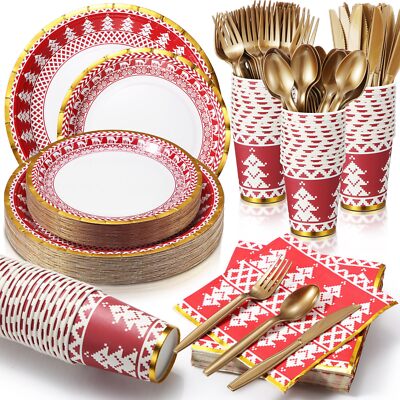 200 Pcs Christmas Dinnerware Set Disposable Red and White Paper Plates ...