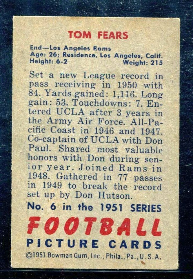 1951 Bowman Football #6 Tom Fears Lt. Corner Wrinkle Centered VG+ LOOK ...