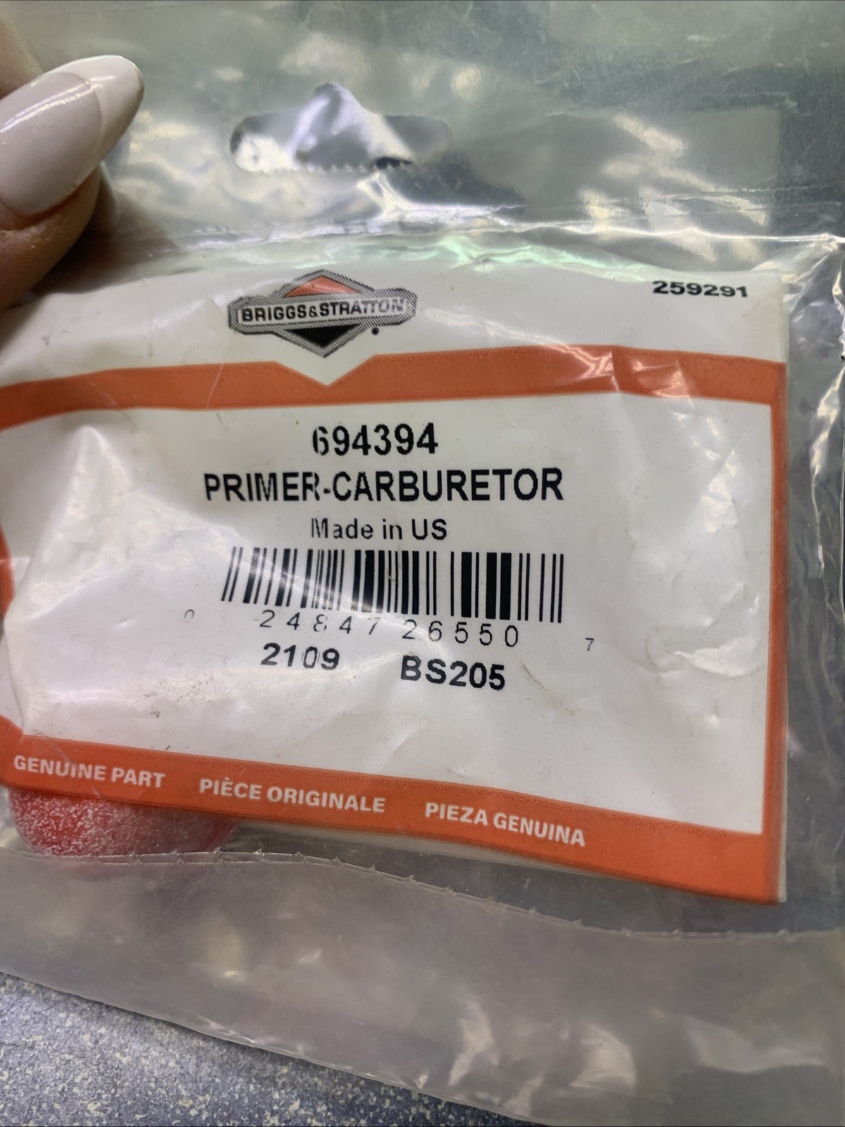 NEW GENUINE OEM BRIGGS & STRATTON PART # 694394 CARBURETOR PRIMER; REPL ...