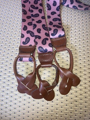 Bold Pink Paisley Woven Suspenders Adjustable Rich Brown Leather ...
