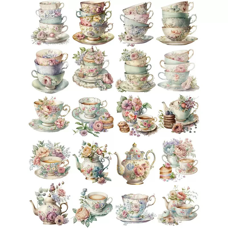 Floral Stacked Teacups Teapots Flowers Journal Planner Scrapbook ...