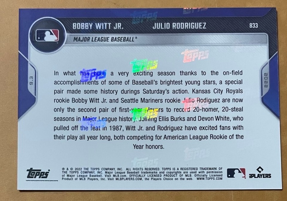 2022 Topps Now Bobby Witt Jr./Julio Rodriguez RC #833 2nd Pair RC 20-HR ...