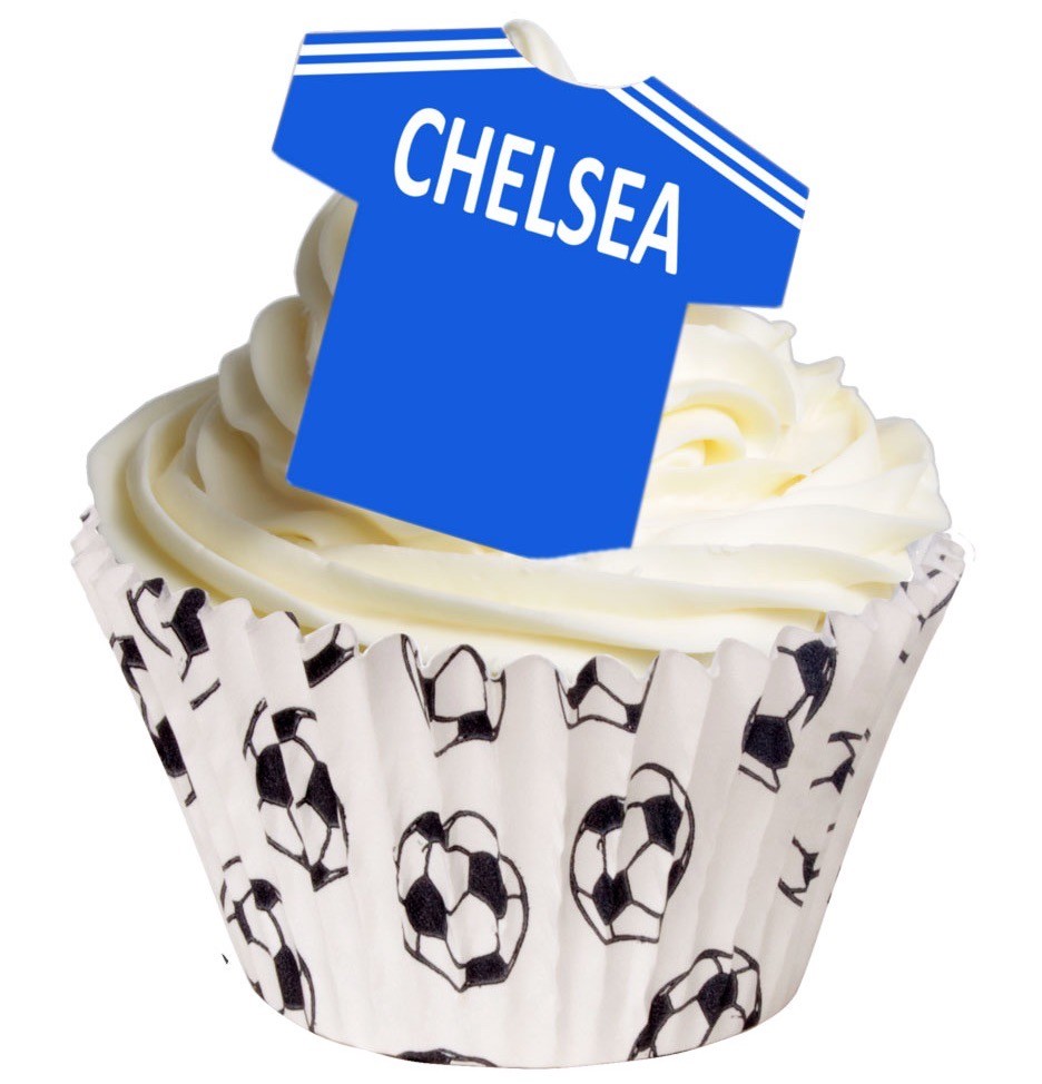12 PRE CUT EDIBLE RICE WAFER PAPER CHELSEA FOOTBALL SHIRT CUPCAKE PARTY ...