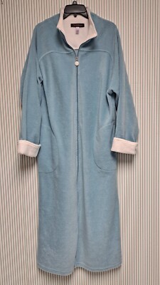 💖 Stan Herman Medium Blue Fleece Long Full Zip Robe Pockets $28.00 | eBay