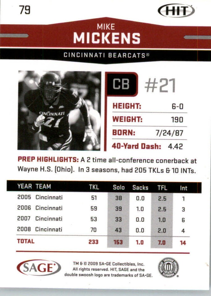 2009 SAGE HIT SILVER #79 Mike Mickens - Cincinnati Bearcats | eBay