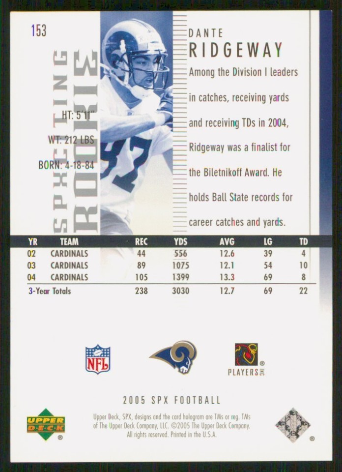 2005 SPx Spxciting Rookie Dante Ridgeway RC #153 St. Louis Rams | eBay