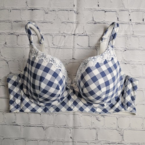 Cacique Bra Plus Size 42C Blue White Plaid Wired Lace Button Detail ...