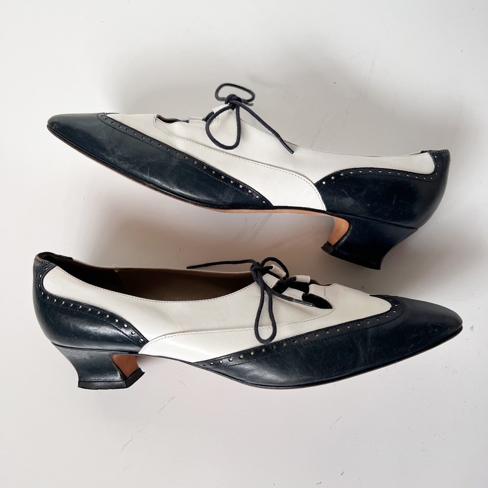 Vintage 80s Two Tone Leather Lace Up Oxford Heels Spectator Pumps Navy ...