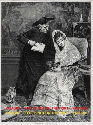 Religion Catholic Bibliophile Reading Banned Book, 1870s Antique Print ...