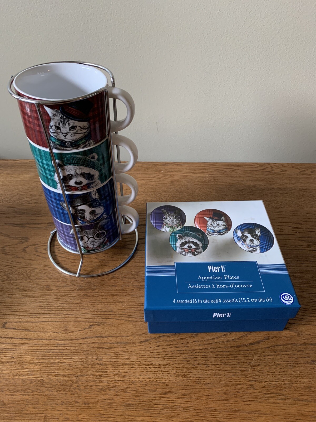 PIER 1 STACKABLE MUGS PET ANIMAL MUGS And 4 Plates Cat Dog Raccoon ...