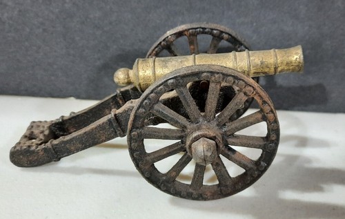 VINTAGE BRASS & CAST IRON METAL DESK TOP TOY CANNON DISPLAY, MADE IN ...