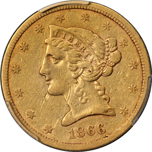 1866-S Liberty Gold $5 PCGS VF Details Key Date Nice Strike Nice Color ...