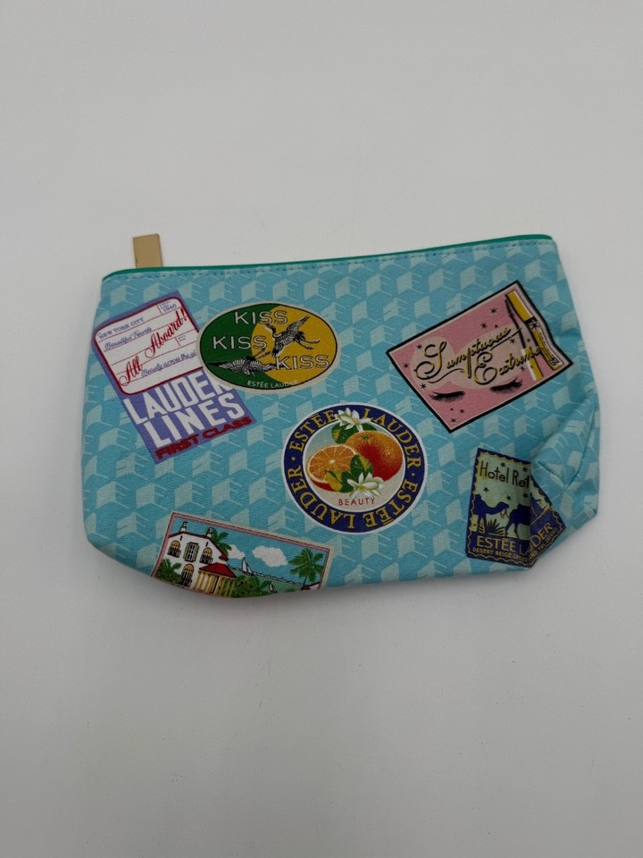 Estée Lauder Cosmetic Makeup Bag Blue Patch Print Travel Pouch Zippered ...