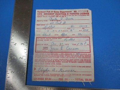 Vintage 1975 Resident Vermont Hunting and Fishing License S4343 | eBay