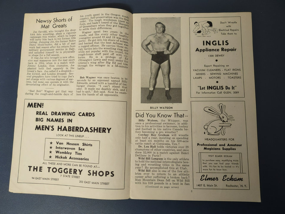 1945 (Sept. 26) Rochester, NY wrestling program (Billy Whipper Watson ...