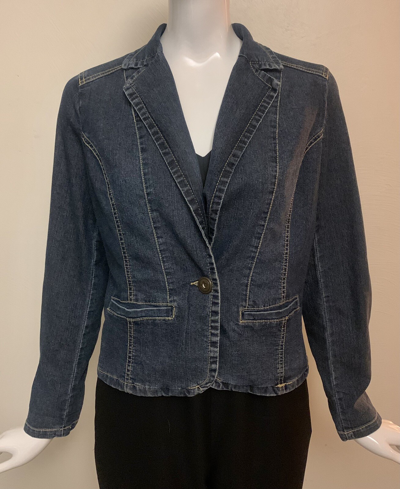 Baccini Long Sleeve One Button Denim Blazer Jacket Si… - Gem