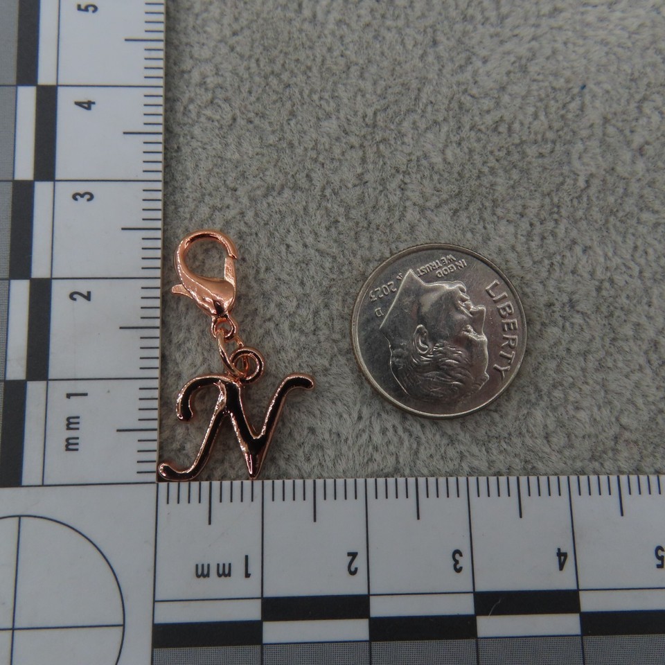 CURSIVE LETTER N Charm Zipper Pull Keychain Add On Clip Rose Gold Tone ...
