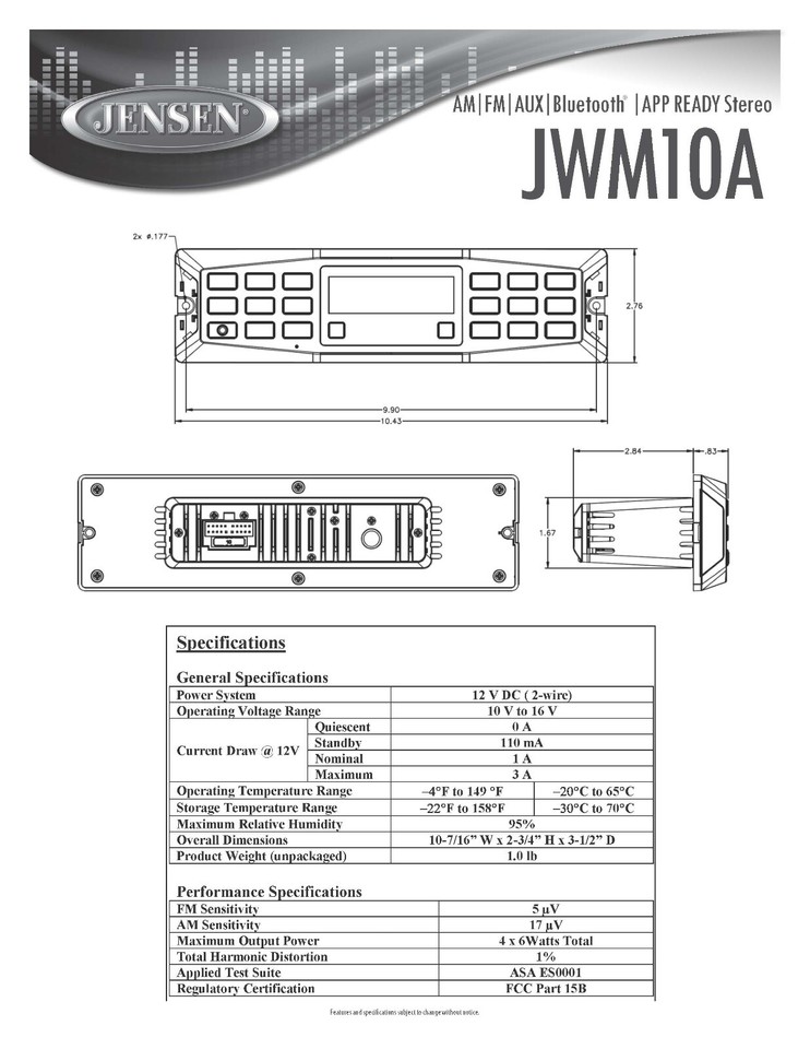 Jensen JWM10A AM/FM Bluetooth RV Wallmount Stereo, 4x 6 Watts, AUX ...