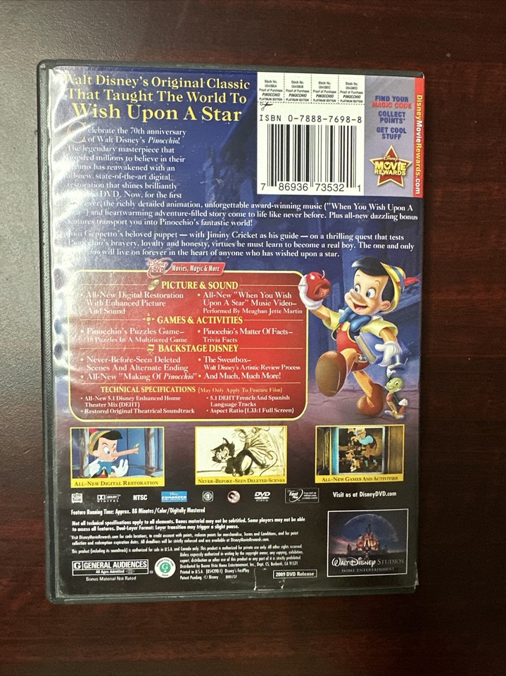 Pinocchio (DVD, 2009, 2-Disc Set, 70th Anniversary Platinum Edition ...