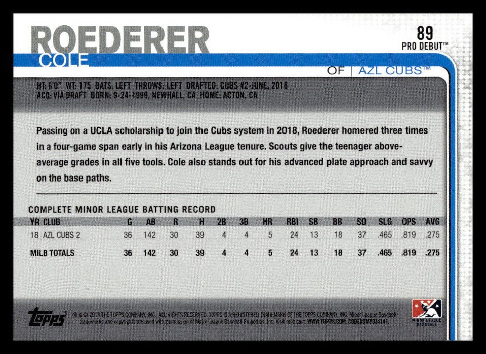 2019 Topps Pro Debut Cole Roederer 89 AZL Cubs | eBay