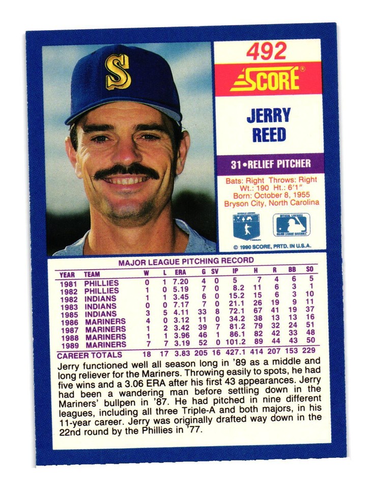 1990 Score #492 Jerry Reed Seattle Mariners | eBay