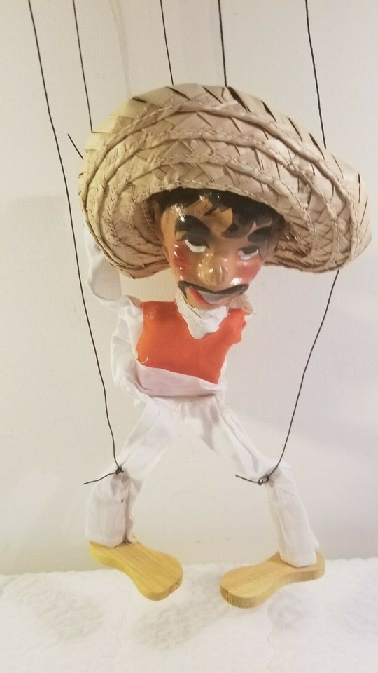 VTG 14" Fabric/ Wood MAN Folk Art Mexican Marionette String Puppet w ...