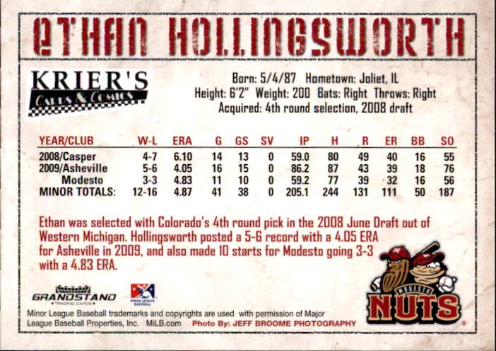 2010 Modesto Nuts Grandstand #11 Ethan Hollingsworth Joliet Illinois IL ...
