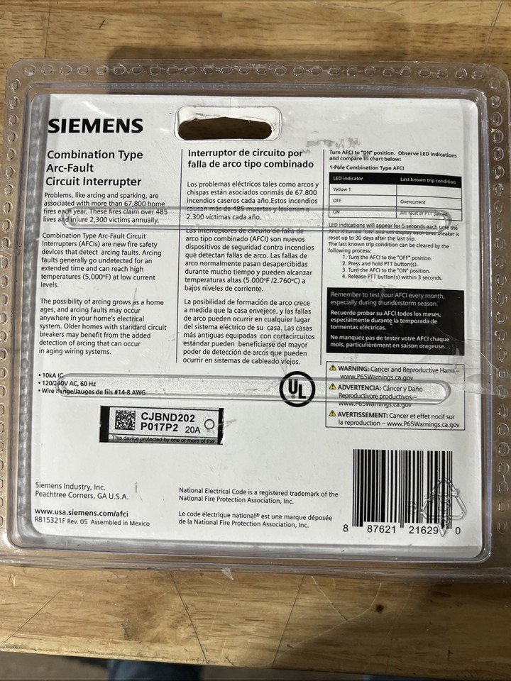 Siemens QA120AFCP 120V 1 Pole Combination AFCI Circuit Breaker ...