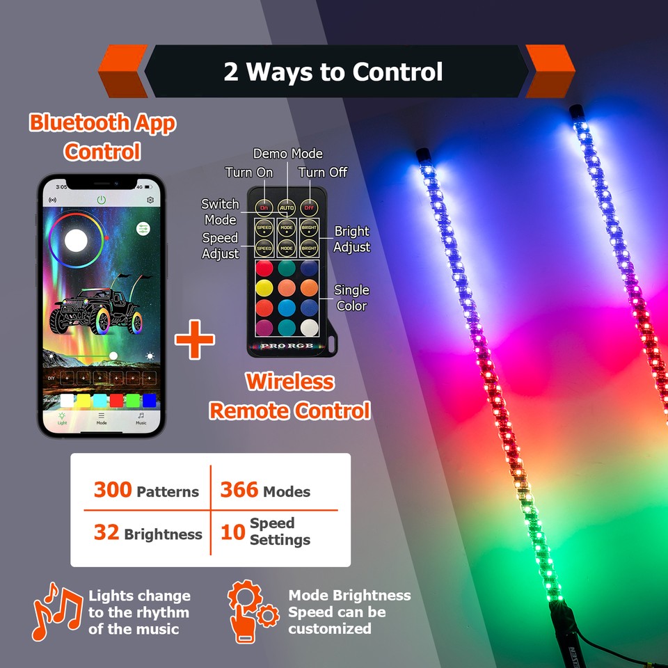 Pair 3FT RGB Chasing Lighted Spiral LED Whip Lights For Jeep Gladiator ...