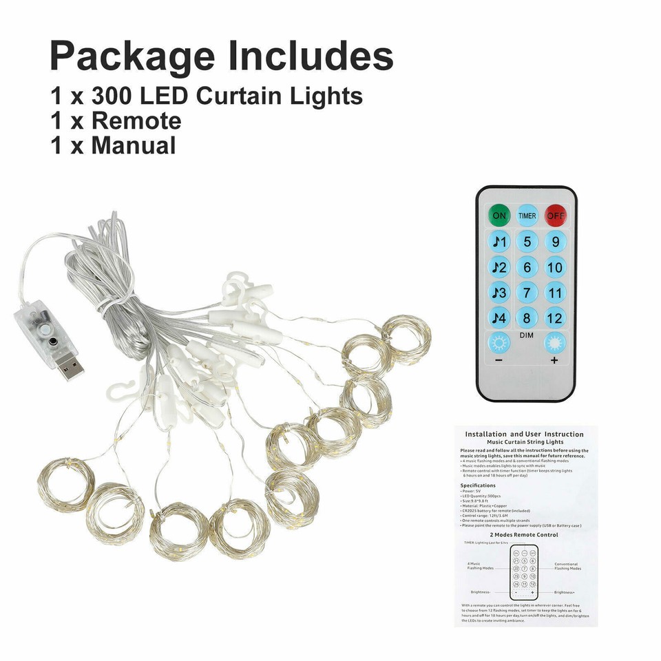 300 LED Curtain Fairy Lights Music String Light 17key Remote Xmas Party ...
