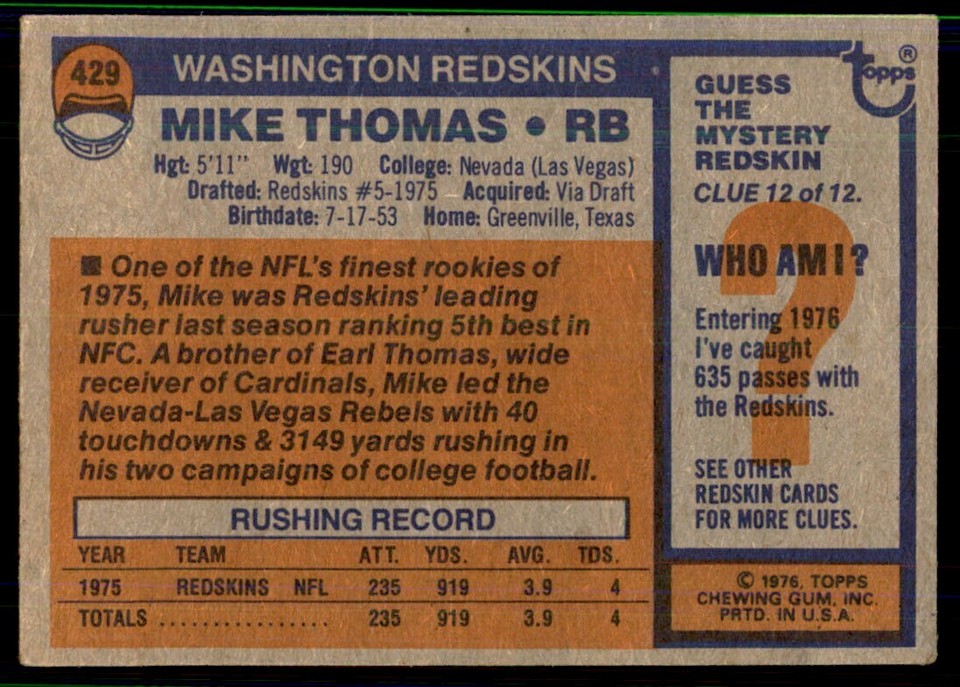 1976 Topps Mike Thomas Football Cards #429 | eBay