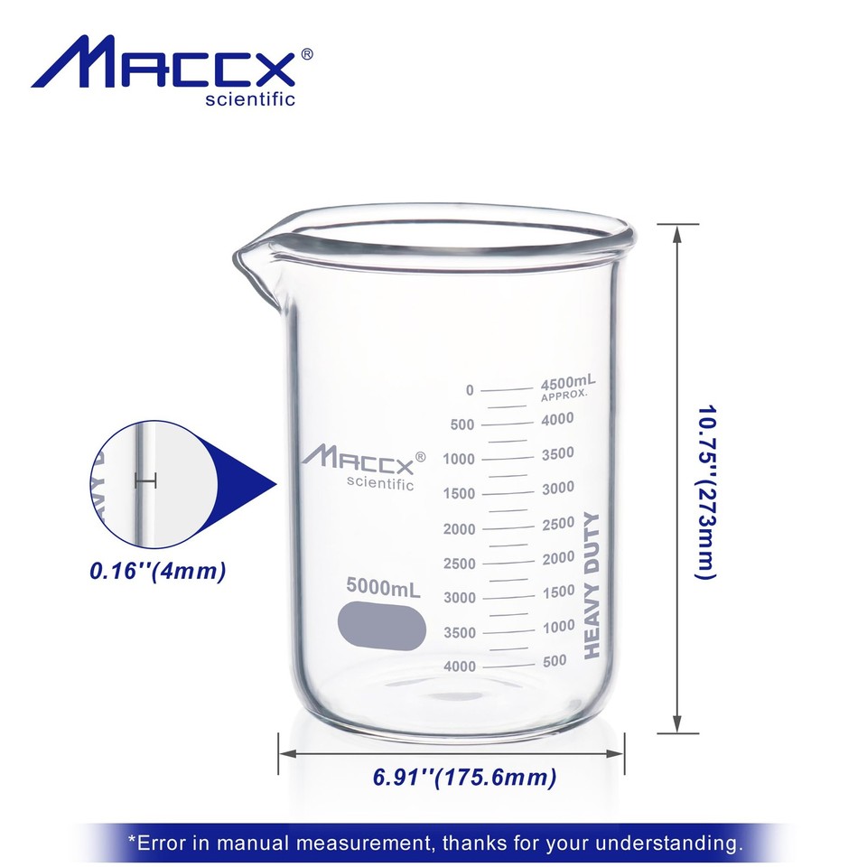 170oz(5000ml) Sturdy Glass Beaker, Heavy-Duty 5L Lab Beakers，3.3 ...